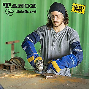 Leather Forge Welding Gloves Heat/Fire Resistant, Mitts16 inch long for Oven/Grill/Fireplace/Furnace/Stove/Pot Holder/Tig Welder/Mig/BBQ/Animal handling glove with Bonus: protection sleeves – Blue