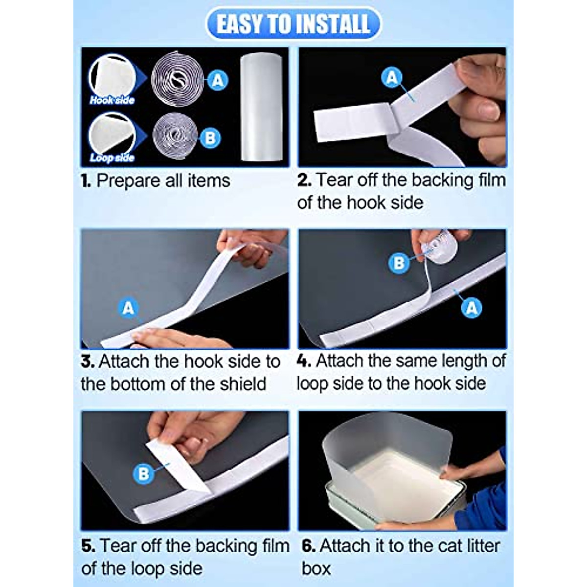 11.8 x 39.4 in Cat Litter Box Shield - Litter Box Splash Guard with 2 Roll of Hook-and-Loop Fasteners for Open Litter Box Keeping Clean (Litter Box Not Included)