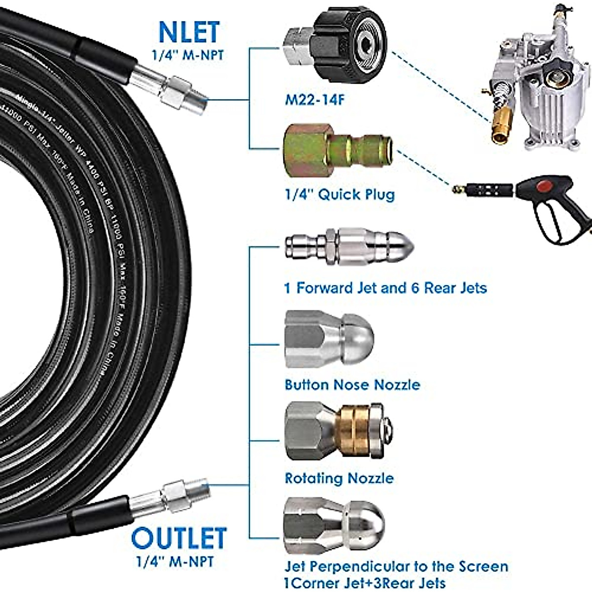 100FT Sewer Jetter Kit for Pressure Washer, 5800PSI Drain Cleaner Hose 1/4 Inch NPT Corner, Rotating and Button Nose Sewer Jetting Drain Jetter Hose Nozzle Pearl Corsage Pin Spanners Waterproof Tape