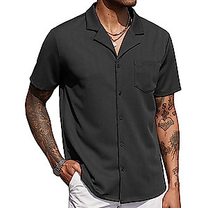 COOFANDY Men's Button Down Cuban Short Sleeve Shirts Textured Crochet Camp Black Shirts