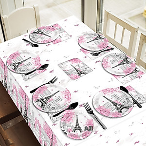 98 Pcs Paris Eiffel Tower Tableware Set Paris Eiffel Tower Party Plates Napkins Paris Table Cover Eiffel Tower Dinnerware for Kid Boy Girl Birthday Weddings Party Decorations Favors for 24 Guest