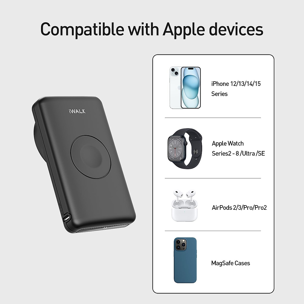 iWALK MAG-X Magnetic Wireless Power Bank with iWatch Charger,10000mAh PD Fast Charging Portable Charger Compact Battery Pack Compatible with iPhone 15/14/13/12 Series,Apple Watch Ultra/8/7/6/5/4