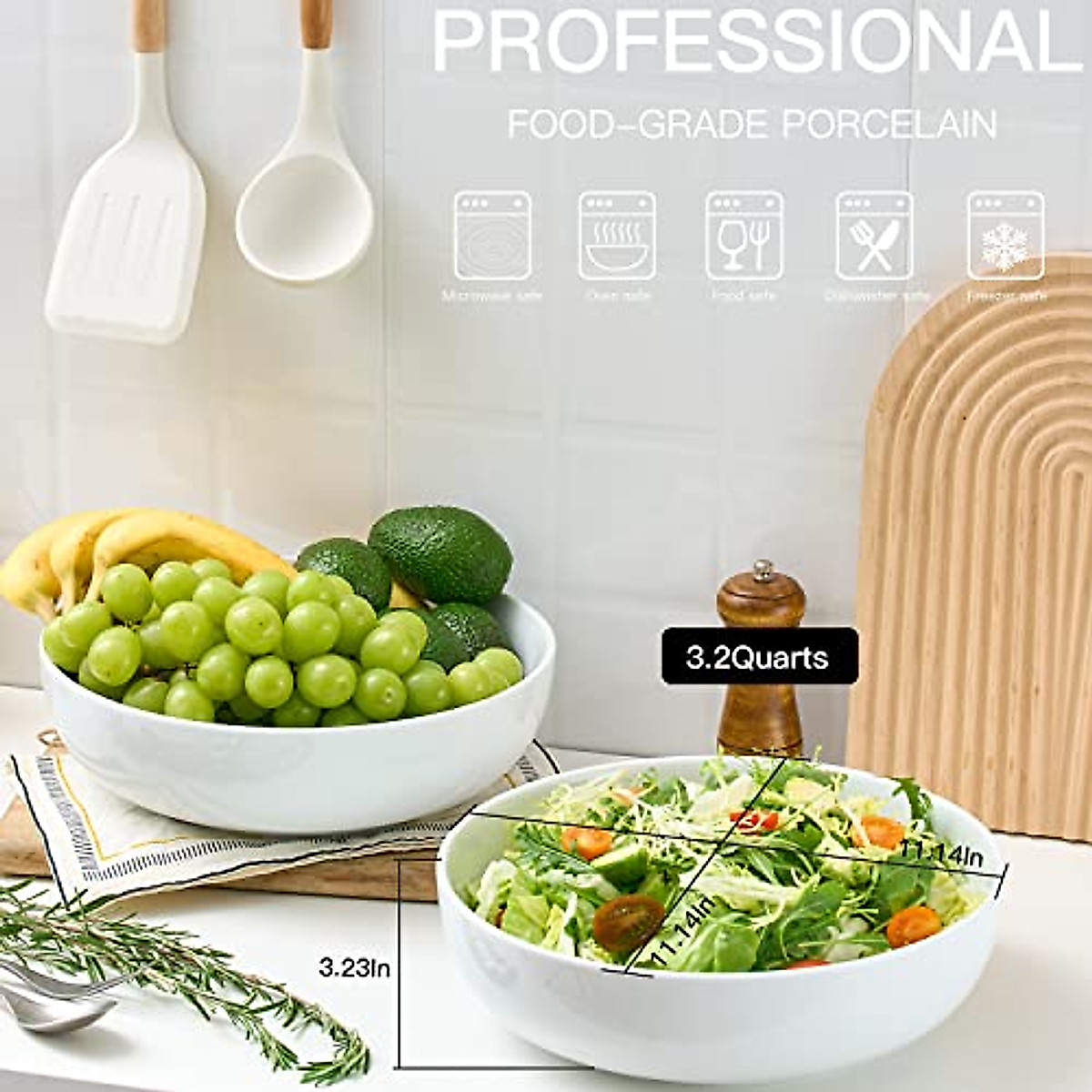 Gomakren Serving Bowls for Entertaining, Large Salad Bowls, 11 Inches Serving Dishes, Porcelain Bowl Set of 2 for Party Use, 3 Quarts Big Bowl for Salad Pasta Fruit Soup Popcorn White