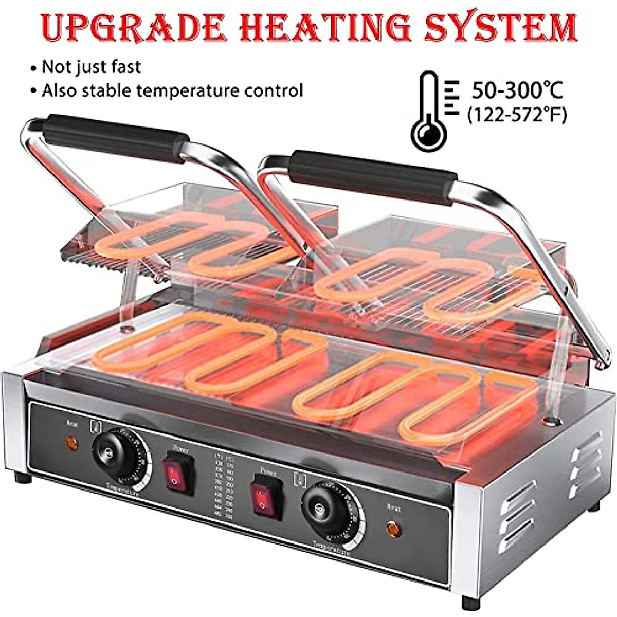 Commercial Sandwich Panini Press,110V 3600W Countertop Panini Grill,Non-Stick Full Grooved Plates Panini Press Grill,Temperature Control 122°F-572°F Electric Sandwich Maker for Hamburgers Steaks