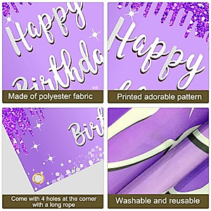 Purple Silver Happy Birthday Banner Party Decorations for Women Girls, Purple Happy Birthday Themed Backdrop Party Supplies, 10th 16th 21st 30th 40th 50th 60th Photo Props Sign Decor