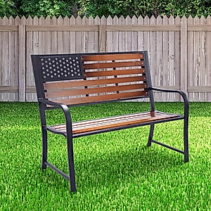Metal American Flag Patio/Porch Bench with Wooden Slats - 46" Width, 24" Deep Seat