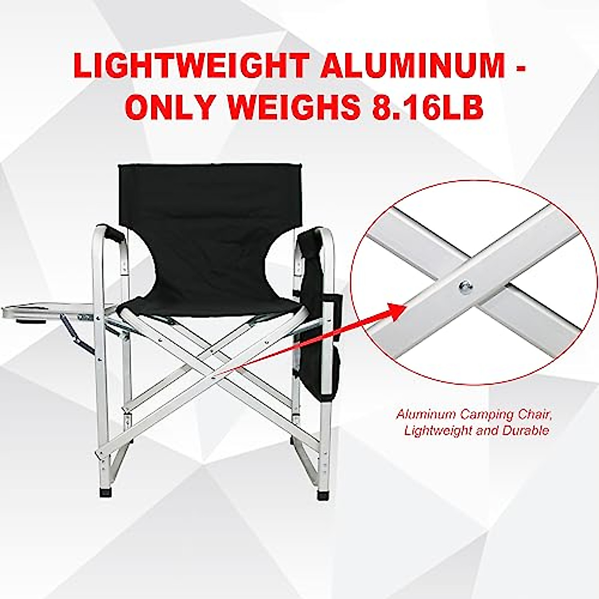 GDGYOFN Directors Chairs Foldable,Oversized Folding Chair with Side Table Cup Holder and Storage Bag, Lightweight Aluminum Outdoor Chairs, 400lbs Capacity Black