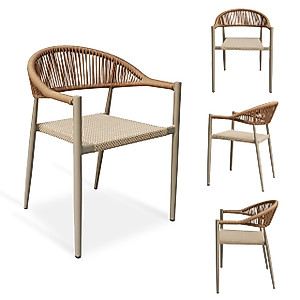 Erotr 4 Pcs Aluminum Patio Chairs, Stackable Rattan Patio Dining Chair with Arms, Woven Rope Outdoor Dining Armchair Metal Assembled for Bistro Garden Balcony Dining Room Cafe Restaurant, Light Brown