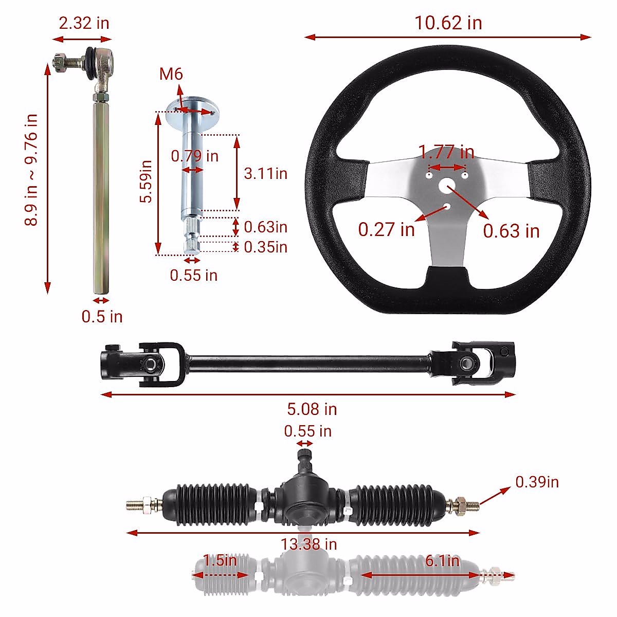 270mm Steering Wheel Kit Gear Rack Pinion Shaft Tie Rod Assembly Fit for 110cc 125cc Go Kart ATV Go Kart Cart Quad