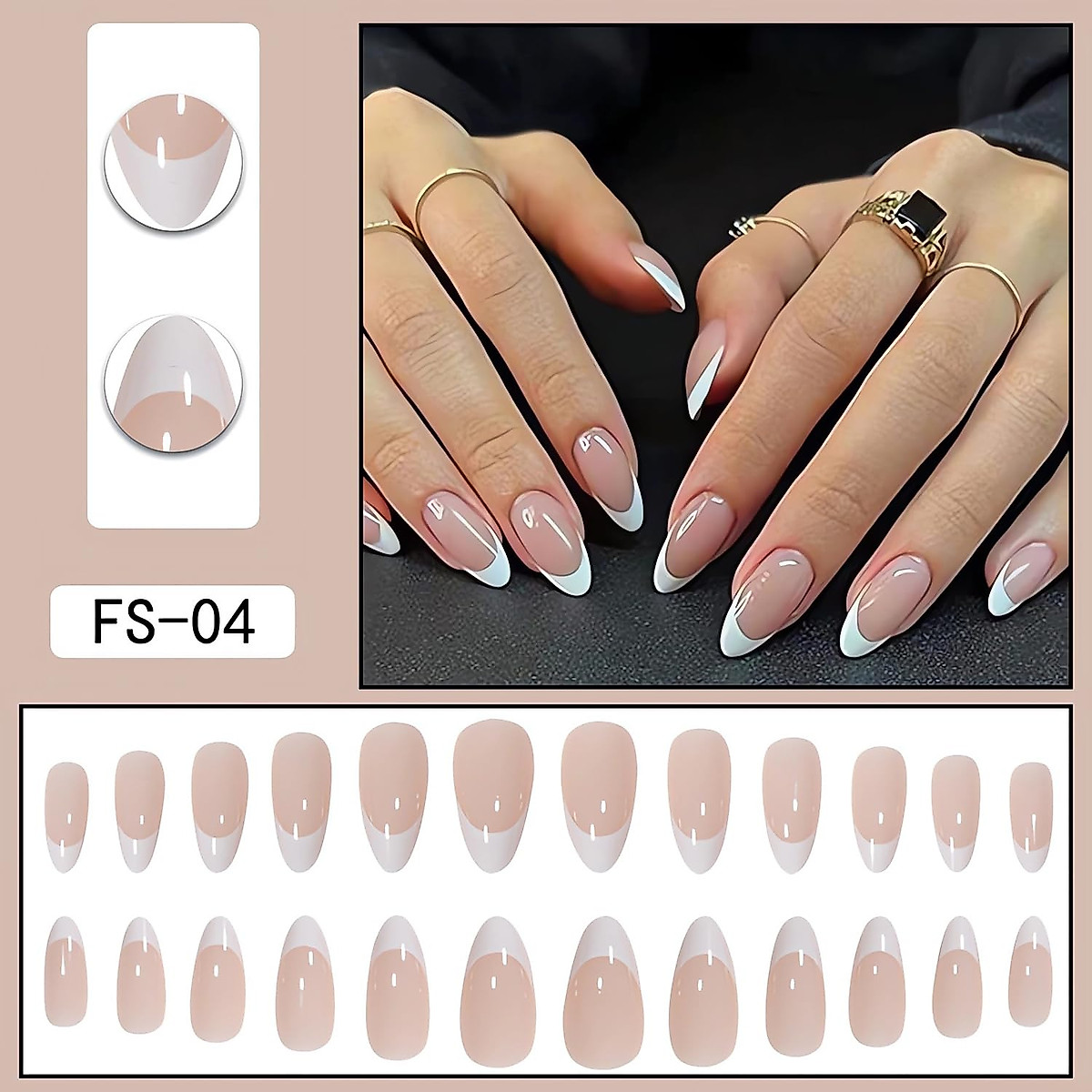 White French Tip Press on Nails Almond Shape Fake Nails Nude Medium False Nails Acrylic Artificial Nails Simple Glue on Nails Finger Decorations for Women 24Pcs