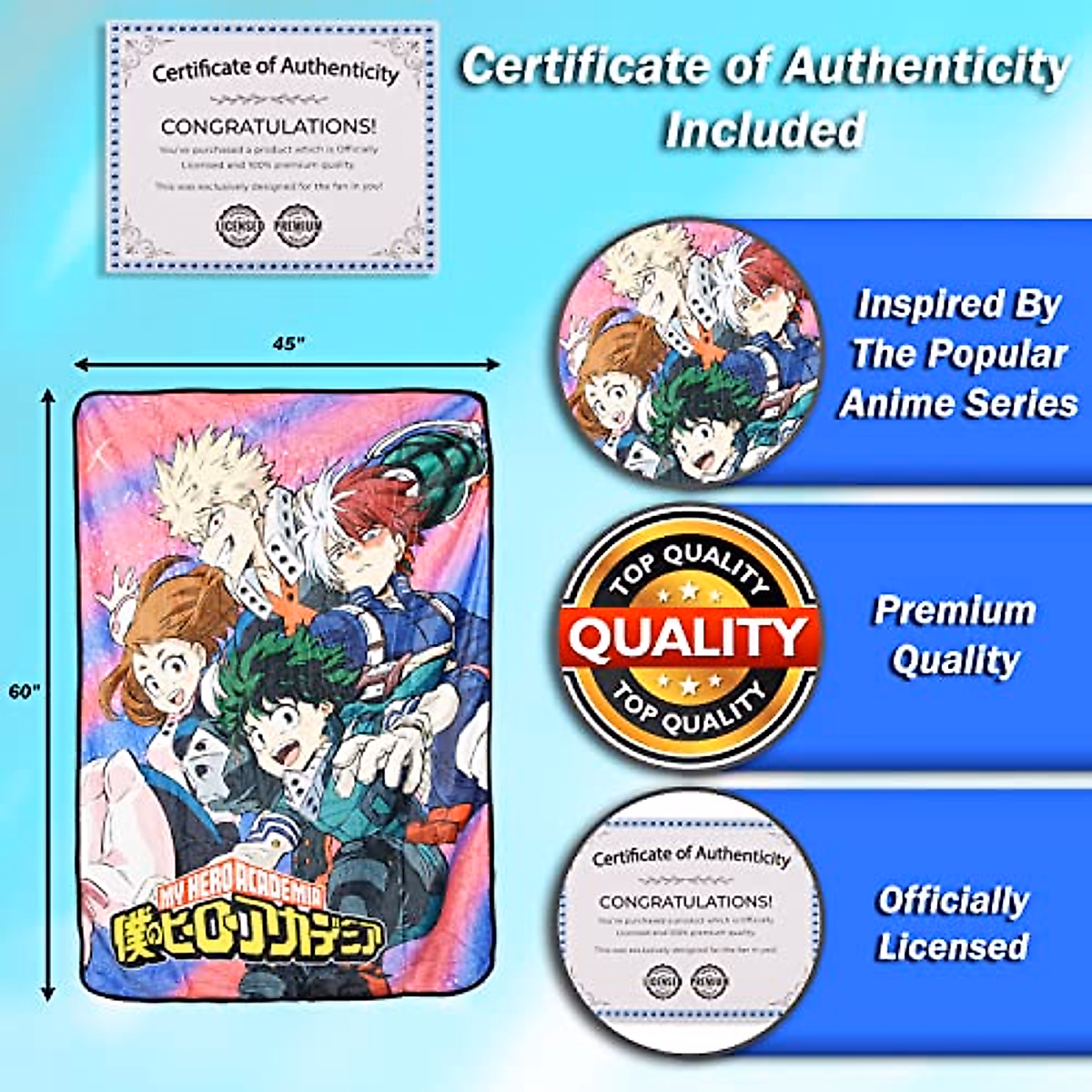 JUST FUNKY My Hero Academia Blanket Class 1-A Fleece | 45 x 60 inches Blanket Featuring Izuku Midoriya Shoto Todoroki Ochako Uraraka Katsuki Bakugo | Official Licensed