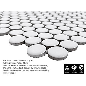 Penny Round Tile Arctic White Porcelain Mosaic Matte Look Wall and Floor Tile (Box of 10 Sheets) for Kitchen Backsplash, Bathroom Floor, Accent Wall