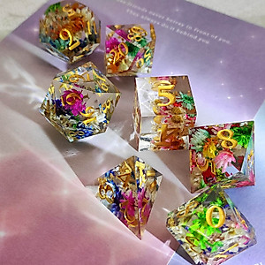 AHDKEJG DND Dice Set D&D Dungeons and Dragons RPG MTG D20 Polyhedral Pathfinder Role Playing D and D Table Games Accessories Resin Dice with Sharp Edges Gift Storage Bag- Flower