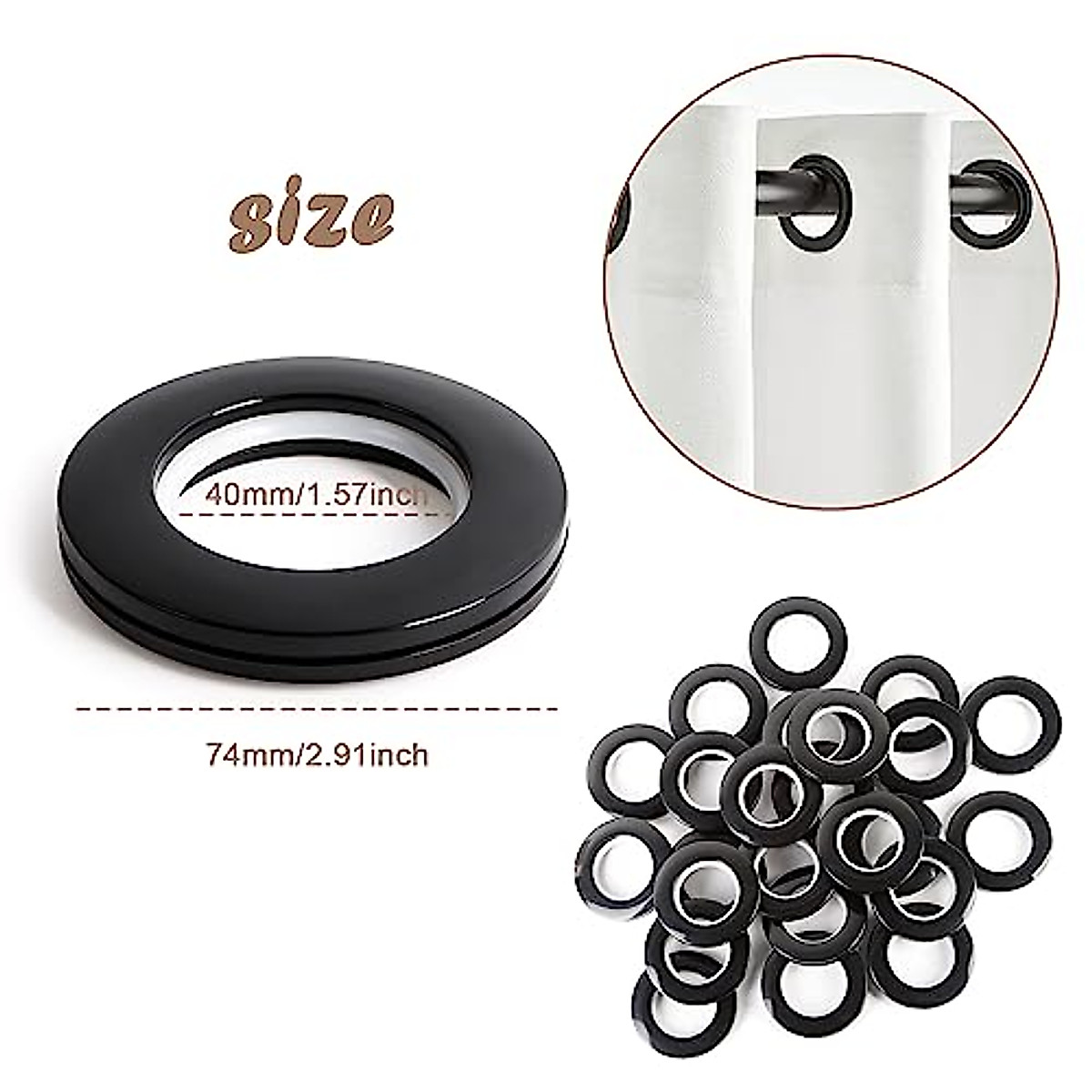 WCIC 48 PCS Curtain Grommets 40mm Roman Ring Inner Diameter (1-9/16") Nanoscale Low Noise Shower Curtain Rings for Curtain Rod Plastic Curtain Grommet Kit Black