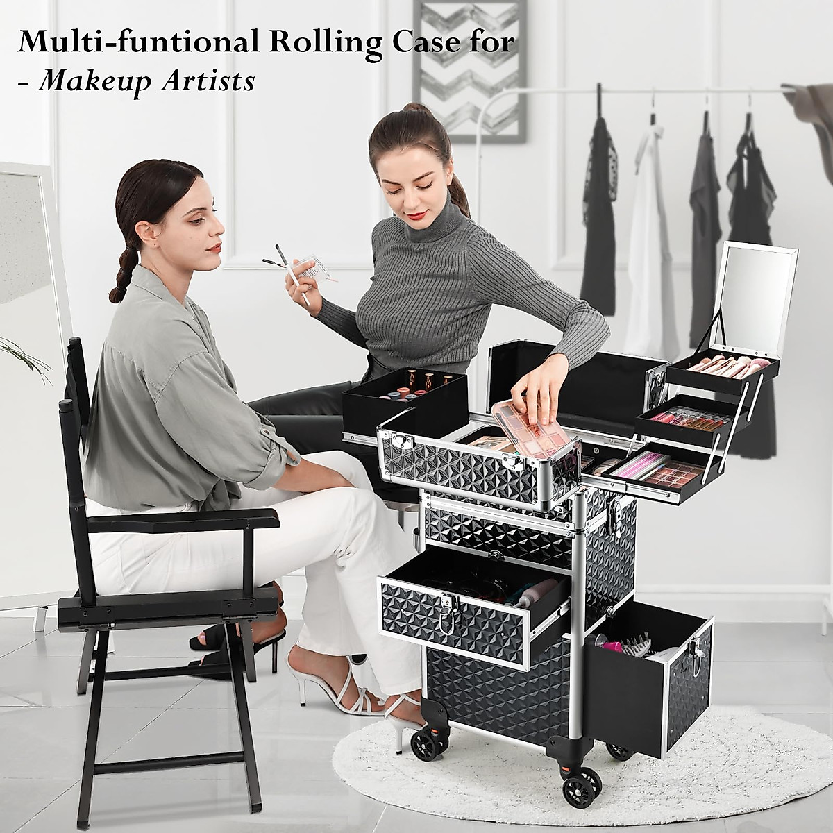 Joligrace Rolling Makeup Case with Wheels Professional Cosmetology Large Train Case Wheeled Cosmetic Trunk with 8 Divided Trays for Makeup Artist, Hair Stylish or Home Use - Black