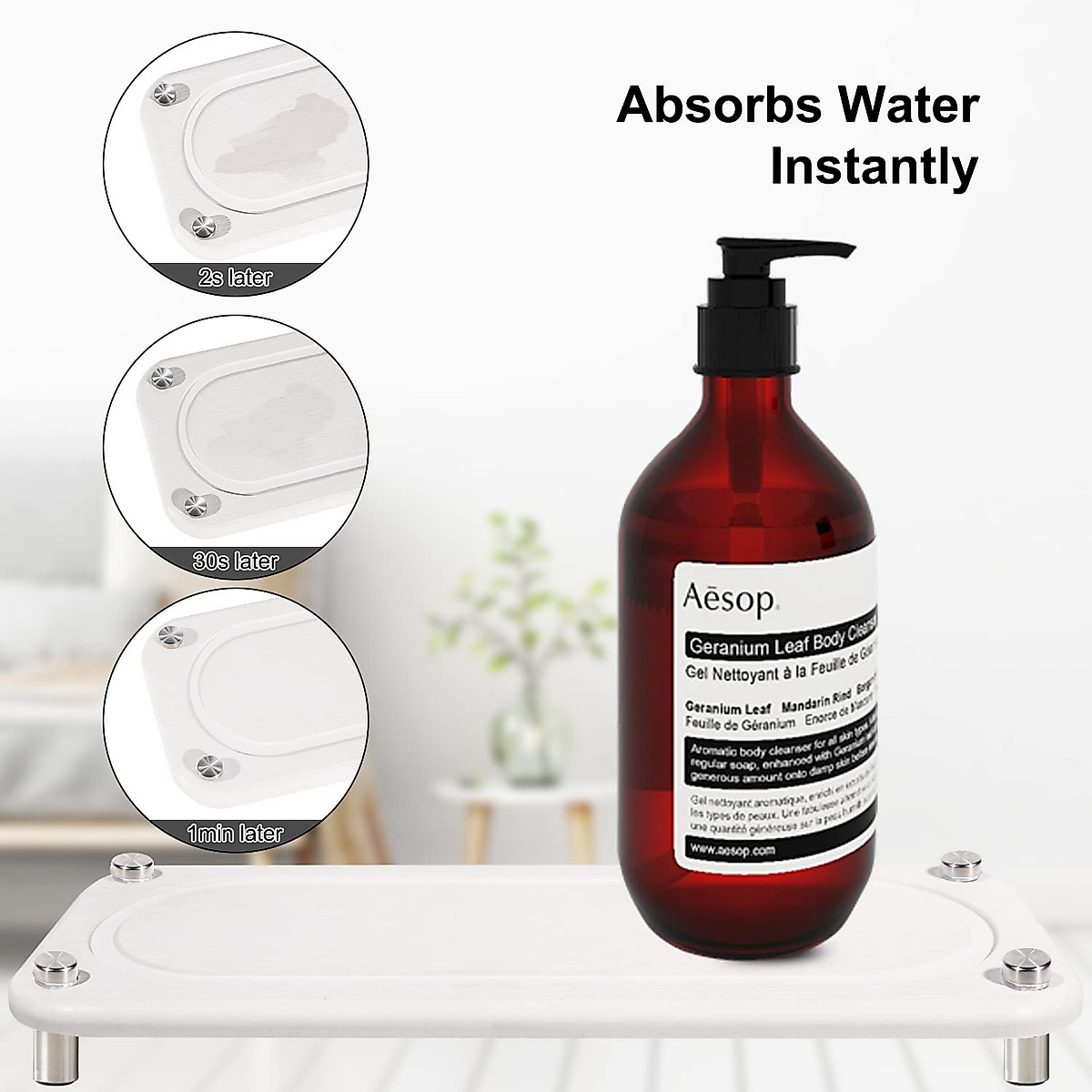 Instant Dry Sink Organizer 2PCS, Sponge Holder Fast Drying Stone, Natural Diatomite Material, Soap Holder with Rustproof Stainless Feet, Sink Caddy for Kitchen Bathroom Counter, White