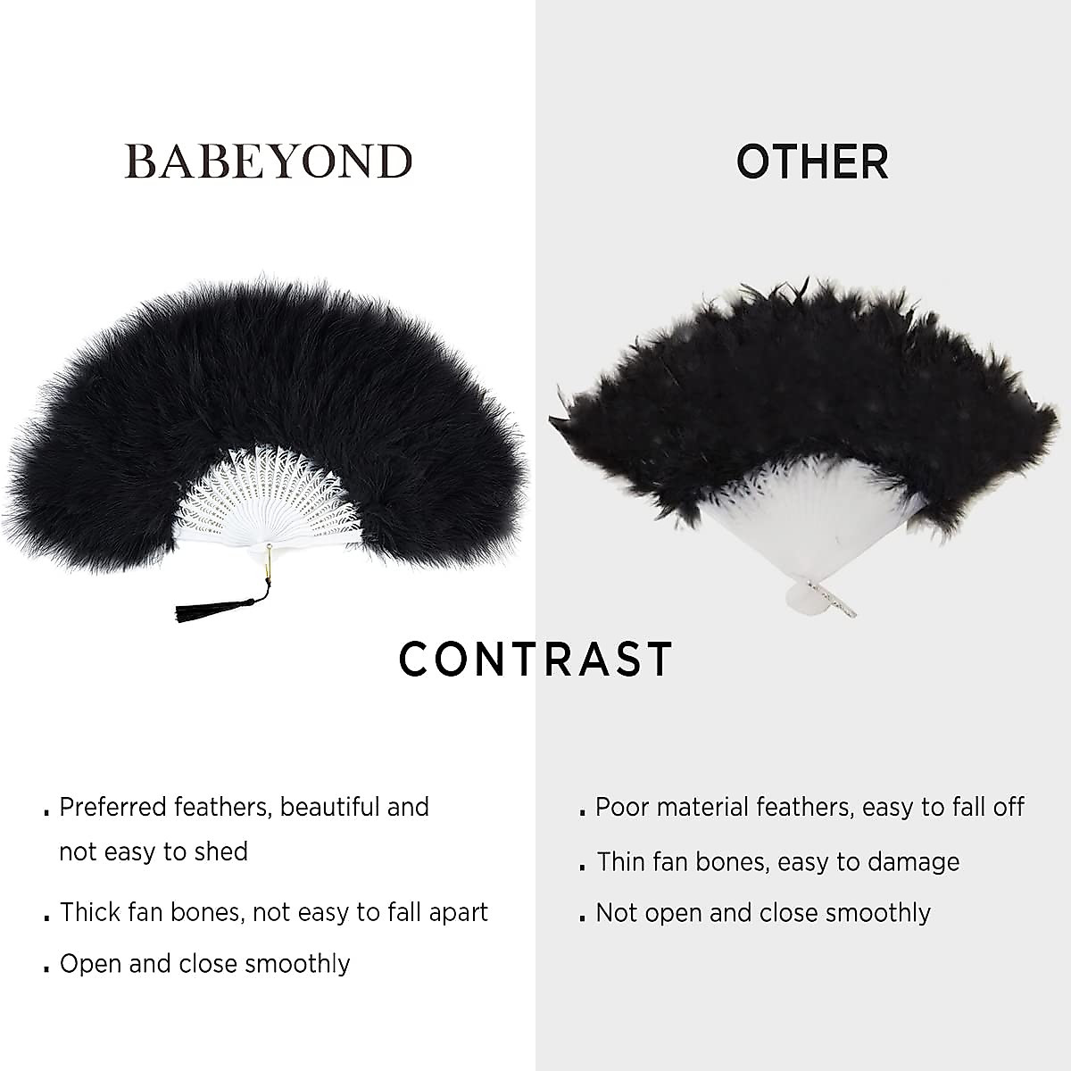 BABEYOND Roaring 20s Vintage Style Peacock & Black Marabou Feather Fan Flapper Accessories for Costume Halloween Dancing Party Tea Party Variety Show (Dark Green-White Rib)