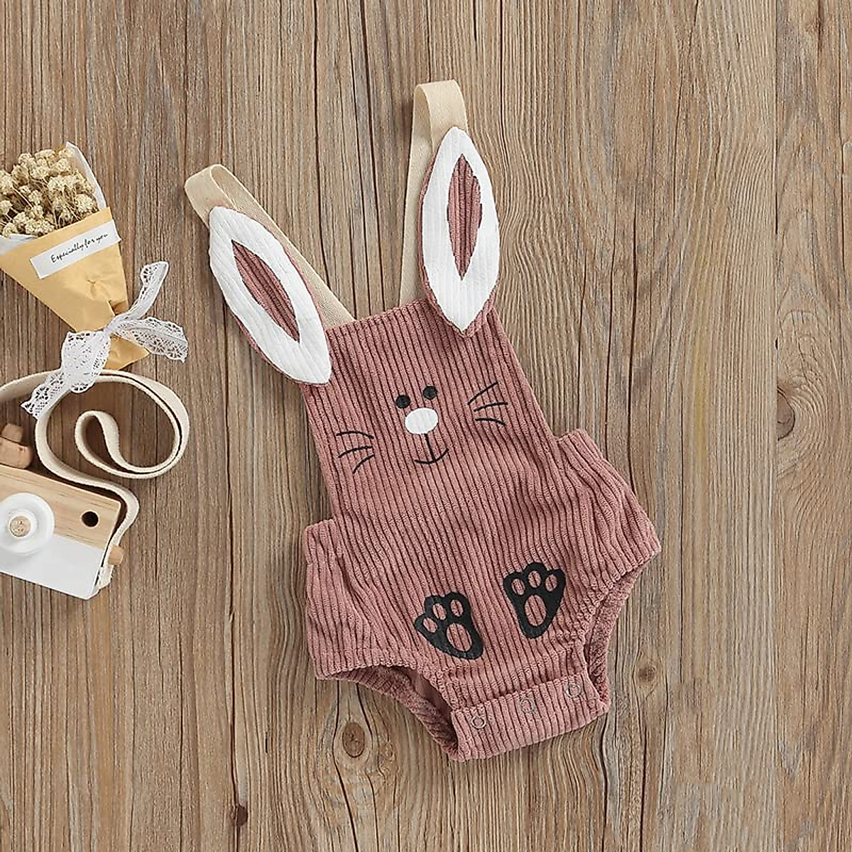 WASAIGOOD My First Easter Baby Romper Newborn Boys Girls Corduroy Backless Romper Bodysuit Rabbit Ears Suspender Overalls (Pink,6-9 Months)