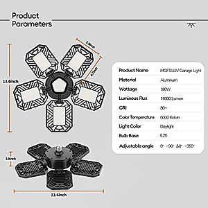 mgfsujv LED Garage Lights, 180W 14000LM Deformable LED Garage Ceiling Lights with 5 Adjustable Multi-Position Panels, Super Bright LED Shop Lights for Garage Attic Basement Barn Lighting