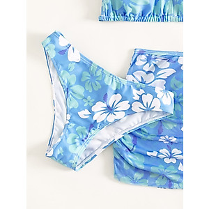 COZYEASE Girls' 3 Piece Set Floral Print Bikini Swimsuit with Drawstring Beach Skirt Cute Ruched Bathing Suit Multicolor Blue 14 Years