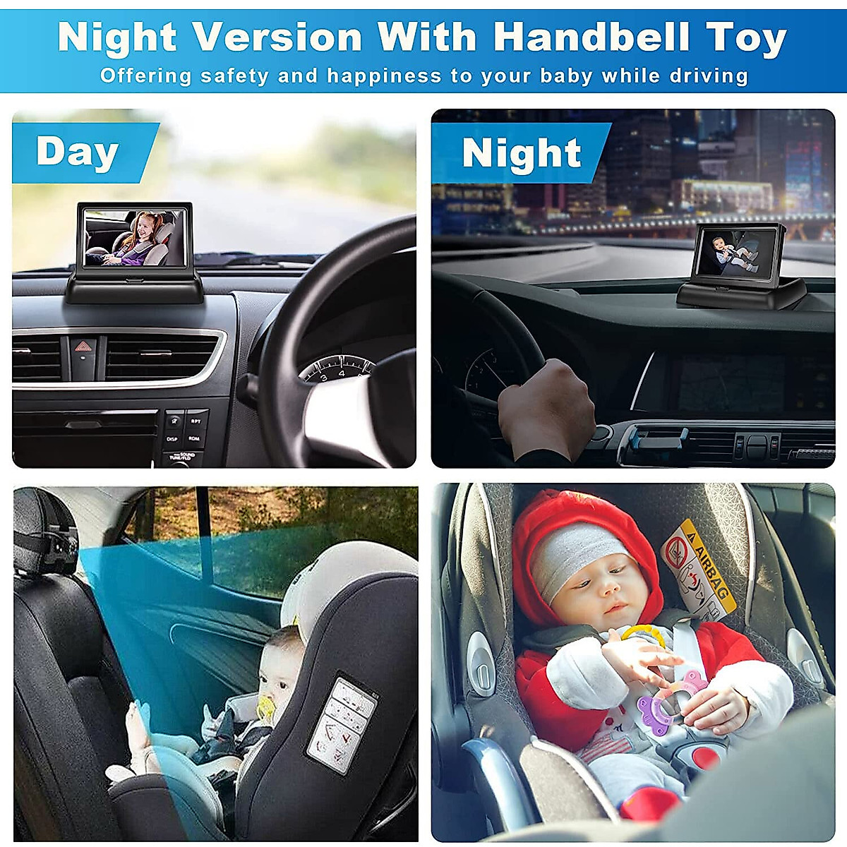 Baby Car Mirror, 4.3" HD Screen Rear Mirror Camera Car Back Seat Baby Monitor Night Vision w/Belt, Safety Car Seat Mirror Camera Monitored Mirror, Aimed at Baby