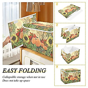 innewgogo Thanksgiving Pumpkin Sunflower Storage Bins with Lids for Organizing Closet Organizers with Handles Oxford Cloth Storage Cube Box for Car