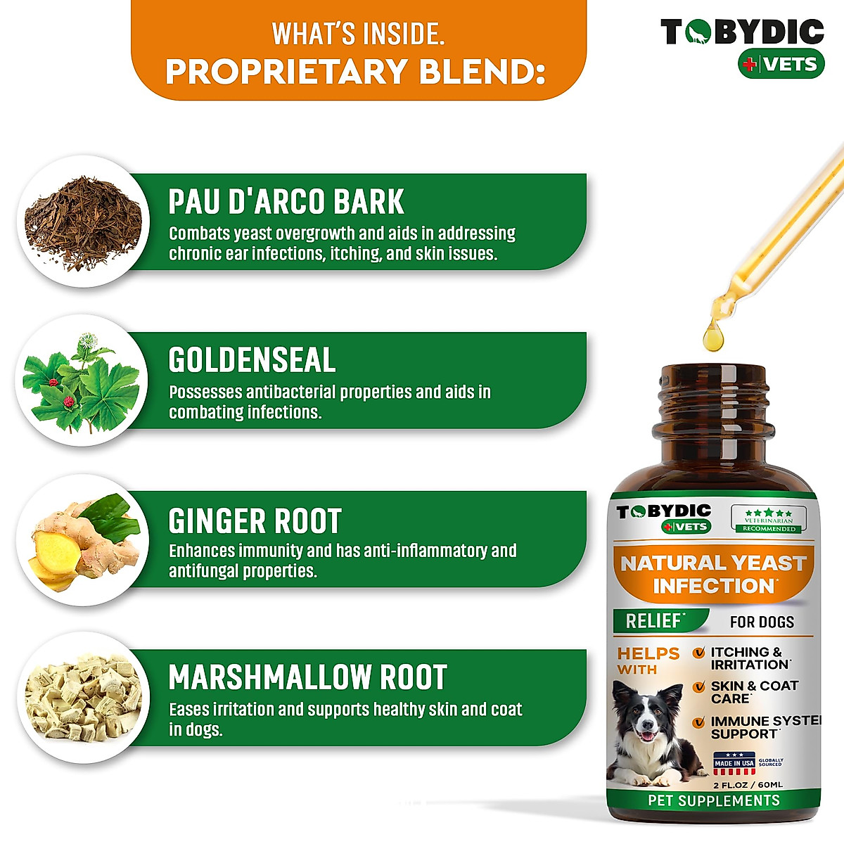 Tobydic Natural Dog Yeast Infection Relief - Itchy Skin & Ear Treatment - Reduces Irritation & Relieves Itching and Allergy - Herbal Medicine Drops Supplement - Made in USA