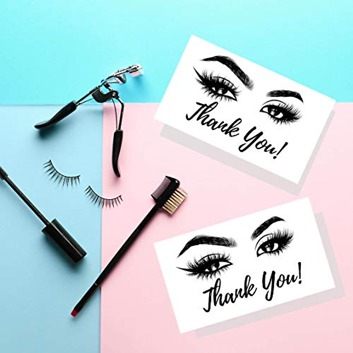 Thank You Cards | Package of 50 | Design Single Sided Size 3.5 x 2" inches False Eyelashes and Microbladed Eyebrows
