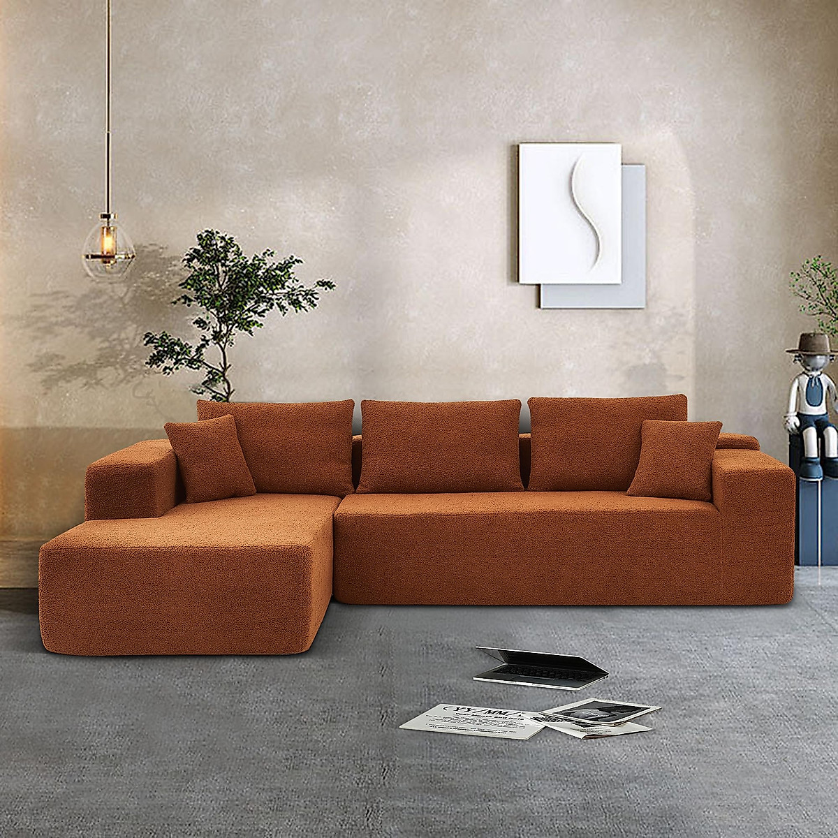 BAMOOLI 104'' Modular Sectional Couch, Modern L-Shape Sectional Sofa with Chaise Lounge, Comfy Lambswool Fabric Corner Sofa Couch, Upholstered 5 Seater Couch for Living Room, Bedroom, Apartment,Orange