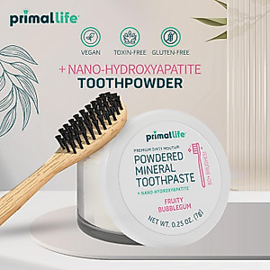 Primal Life Organics - Dirty Mouth Toothpowder, Tooth Cleaning Powder, Flavored Essential Oils with Natural Kaolin & Bentonite Clay, Good for 200+ Brushings, Organic, Vegan (Sweet Bubblegum, 0.25 oz)