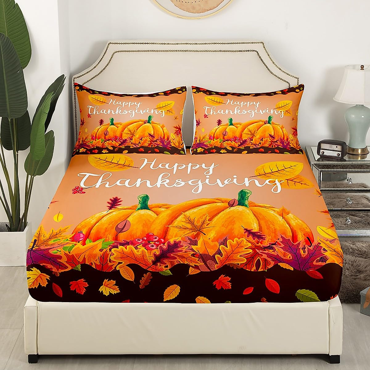 Feelyou Autumn Harvest Bed Sheet Set for Kids Boys Girls 3 Pieces Happy Thanksgiving Day Bedding Set Fall Pumpkin Fitted Sheet with 1 Flat Sheet & 1 Pillowcase Twin Size