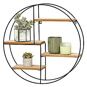 mDesign Round Metal Wall Mount Display Organizer Holder, 4 Shelf - to Store and Show Off Small Collectibles, Figurines, Mugs, Succulent Plants - Black/Natural