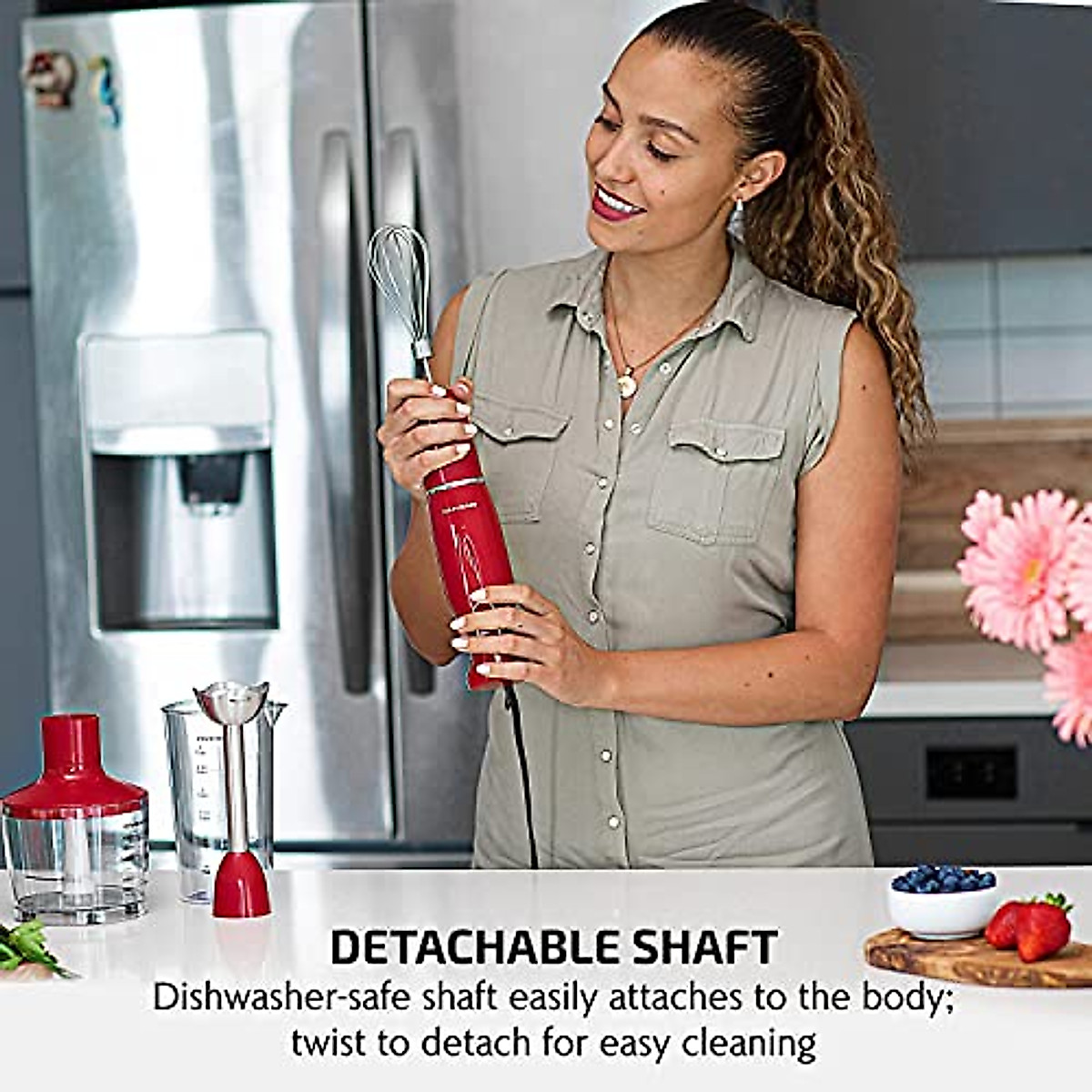 OVENTE Immersion Electric Hand Blender 300 Watt Power 2 Mix Speed with Stainless Steel Blades, Handheld Stick Mixer Set with Egg Whisk Attachment Mixing Beaker and BPA-Free Food Chopper, Red HS565R