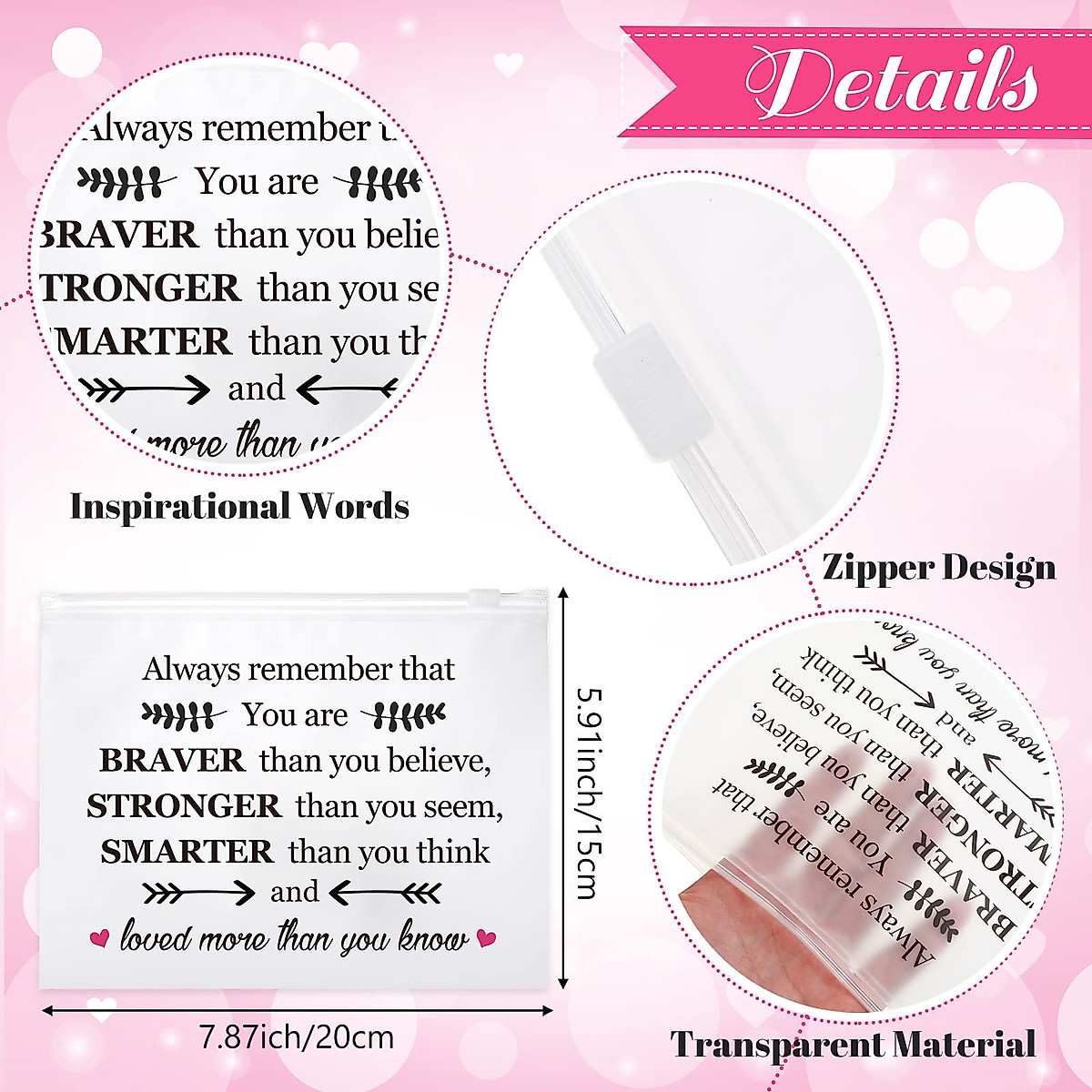 100 Pcs Inspirational Gifts for Girls Women Travel Cheer Makeup Bag Bulk Loved Quotes Cosmetic Bags with Zipper Thank You Encouragement Birthday Gift Bag for Nurse Teacher Friend (You Are Braver)