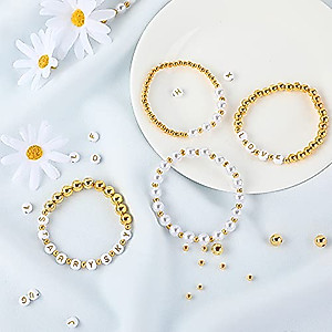 1800Pcs Beads Making Kit, 1500Pcs Gold Round Spacer Beads Smooth Loose Ball Beads, 150Pcs Alphabet Beads, 150Pcs White Pearls Beads and 2 Rolls Elastic String for DIY Bracelet Jewelry Craft