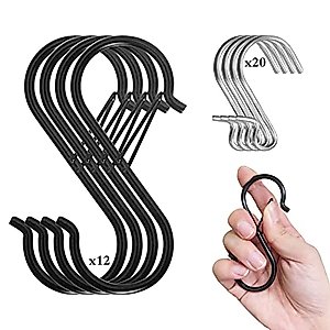 Hooney 32 Pack S Hooks,Heavy Duty Metal S Hooks with Safety Buckle Design,Multipurpose Metal Hooks,for Hanging String Lights,Bird feeders,Plants,Pots and Pans,Bags,Clothes(Black,Silver)