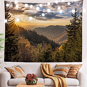 BaoNews Autumn Sunrise Mountains Tapestry, Smoky Mountains Tennessee Large Wall Hanging Tablecloths Mural Home Decoration Psychedelic Tapestry Bedroom Living Room Dorm 59.1 x 82.7 inches(Colorful)