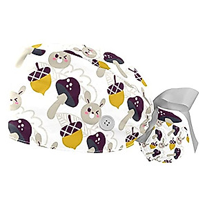 Working Cap with Button for Women 2 Packs, Sweatband Bouffant Scrub Hats, Adjustable Unisex Tie Back Ponytail Hats Hand Drawn Monkey Bunny Acorn & Mashroon