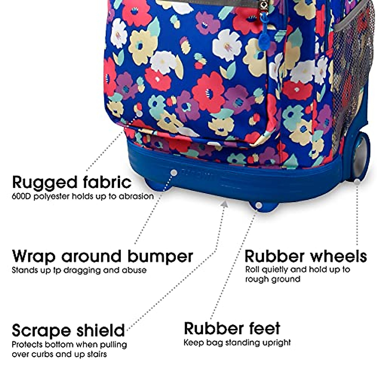 J World New York Sundance Rolling Backpack Girl Boy Roller Bookbag, Petals, 20 X 13 X 9 (H X W X D)