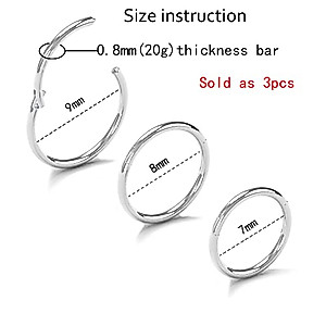 NewkeepsR 3PCS-0.8mm(20g) 316L Surgical Steel Hinged Clicker Segment Seamless Rings, Lobe Cartilage Tragus Earring Nose Hoop-7/8/9mm