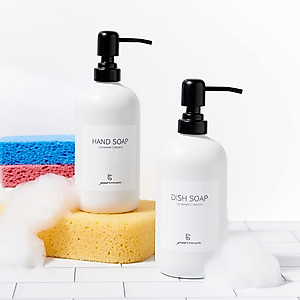 GraceHomewares Stoneware Ceramic Dish Soap Dispenser for Kitchen Sink | Kitchen Soap Dispenser Set | Soap Holder | Bathroom Hand Soap Dispenser | Waterproof Labels | 2 Pack | White w/Black Pump