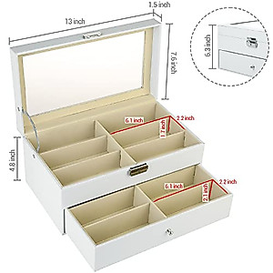 MyGift Deluxe White 12-Compartment Sunglasses Display Case with Glass Lid and Leatherette Trim
