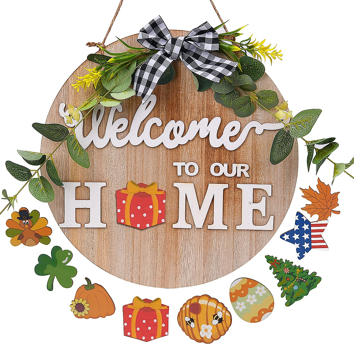 MerryNine 30cm/11.8" Round Welcome Door Sign, Interchangeable Seasonal Icon Wooden Wall Decoration, Various Holiday Christmas New Year Decoration for Garden/Porch/Farmhouse/Store