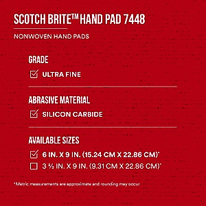 Scotch-Brite Ultra Fine Grade 7448 Hand Pad, Pack of 3, 6 in x 9 in Hand Pads, Nonwoven Silicon Carbide, Surface Preparation, Scuffing, and Cleaning, Gray