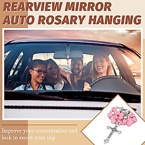Konohan 2 Pieces Car Rosary Rearview Mirror Auto Rosary Religious Car Mirror Hanging Accessories for Automotive Personalized Protection Charm for Auto Decors(Rose,Pink)