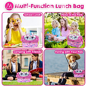 YOYTOO Kids Double Decker Cooler Insulated Lunch Bag Large Tote for Boys, Girls, Men, Women, with Adjustable Strap, Cat