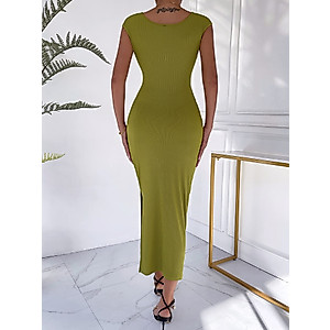 SOLY HUX Women's Sleeveless Deep V Neck Twist Front Cut Out Split Hem Bodycon Dress Olive Green M