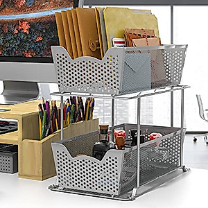2 Pack - SimpleHouseware Cabinet 2 Tier Perforated Basket Drawer, Grey
