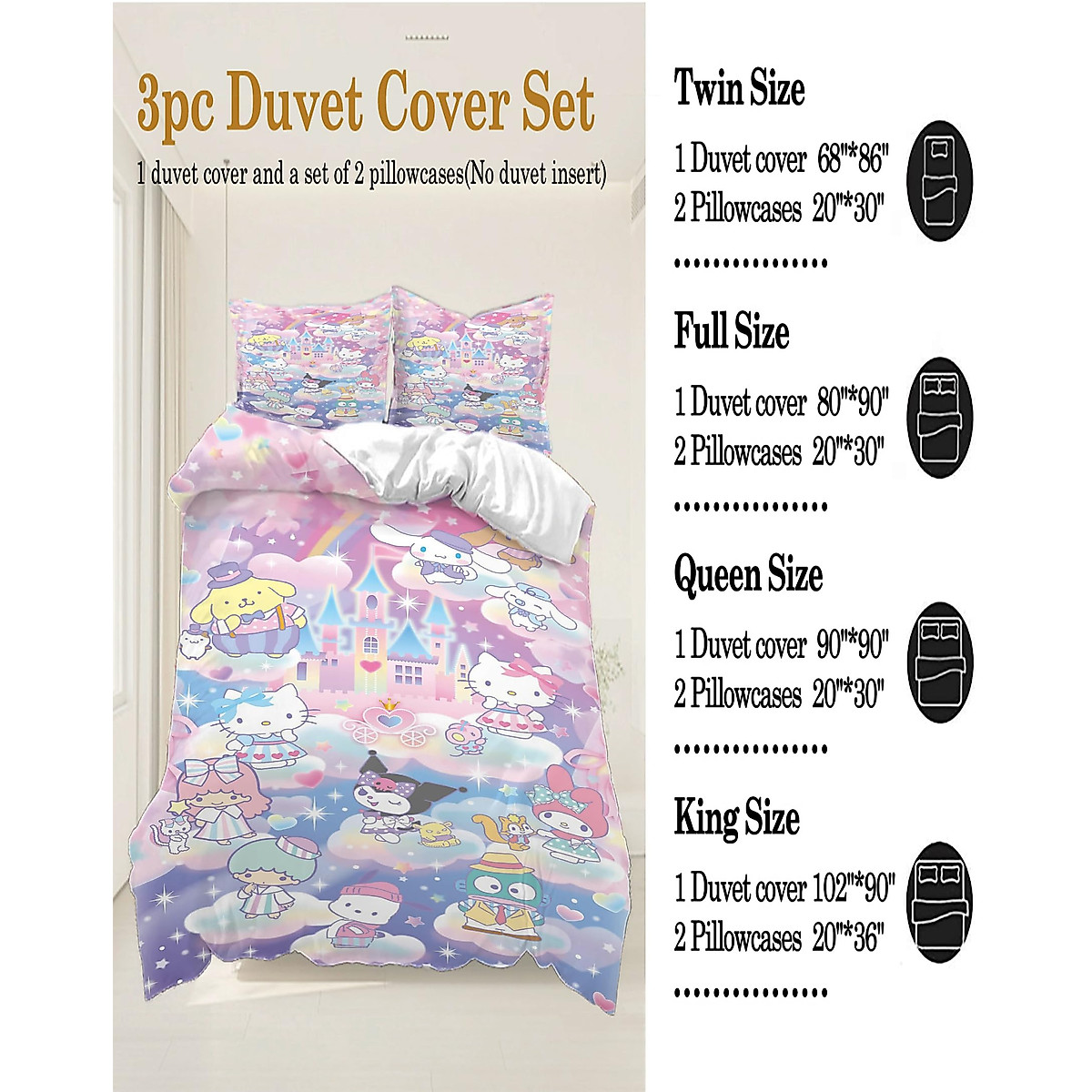 EIANLAI 3 Piece Anime Bedding Set 3D Printed Cartoon Soft Duvet Cover Set for Bedroom (1 Duvet Cover & 2 Pillowcases)-Twin