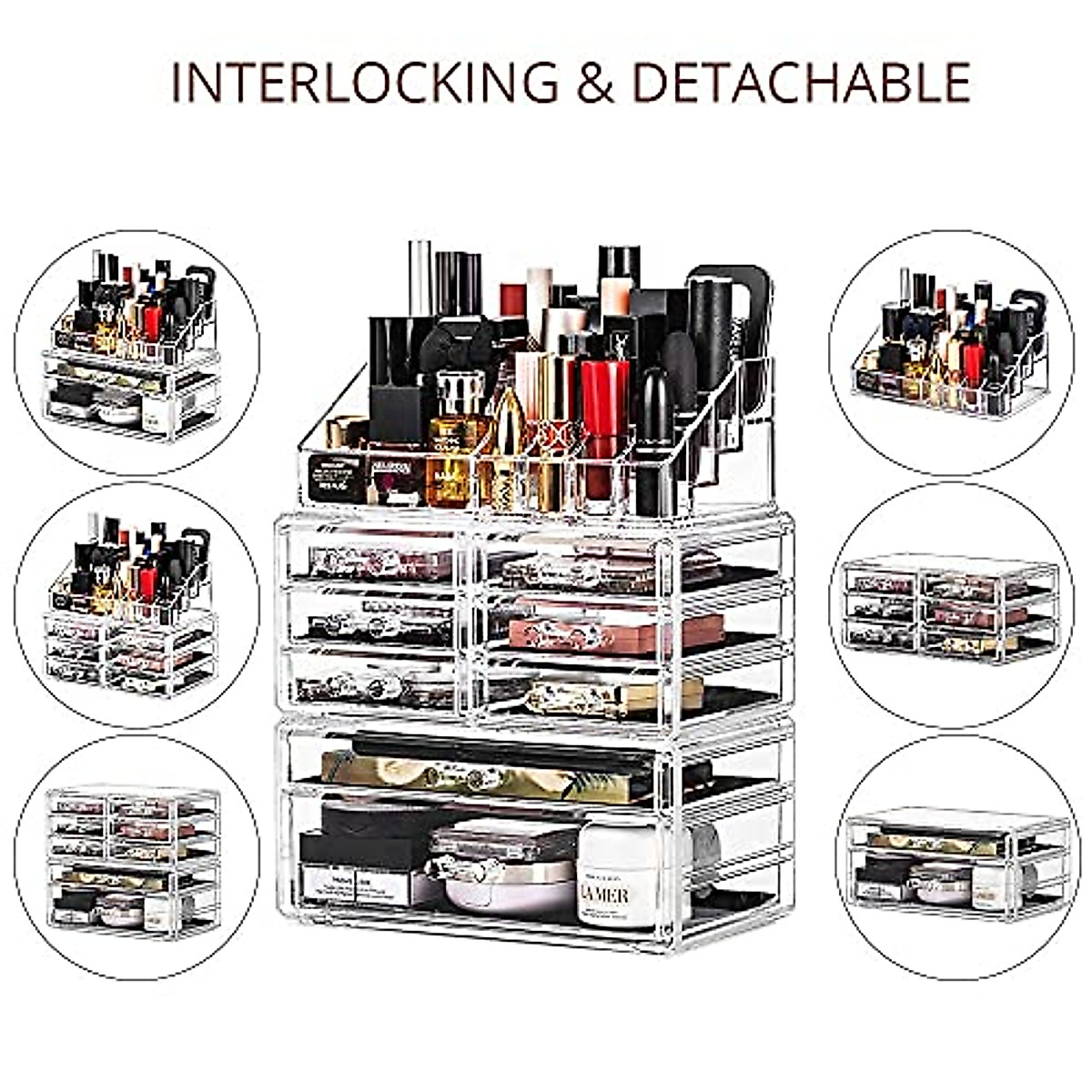 DreamGenius Makeup Organizer 3 Pieces Acrylic Cosmetic Storage Drawers Organizer for Vanity and Bathroom, Stackable Cosmetic Organizer Countertop with 8 Drawers